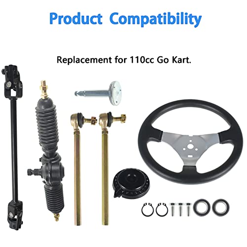 labwork 300mm Steering Wheel Steel Kit 320mm Gear Rack Pinion Adjustable Shaft Set Replacement for 110cc Go Kart
