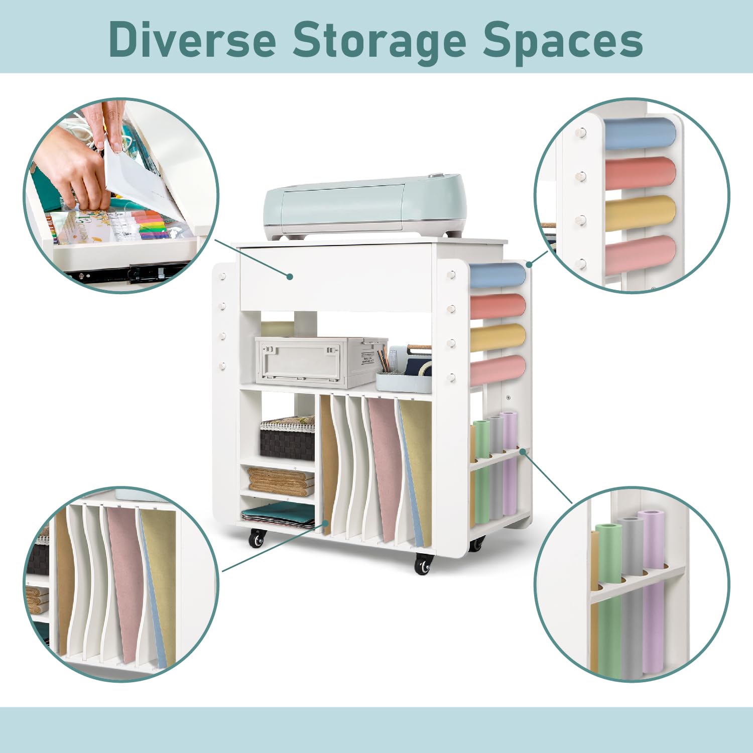 foiry Craft Organization and Storage Cart Crafting Cart Cabinet Workstation with Vinyl Roll Holder Compatible with Cricut Machine, Craft Organizer for Craft Room Home 24.3''x14.2''x29.8''