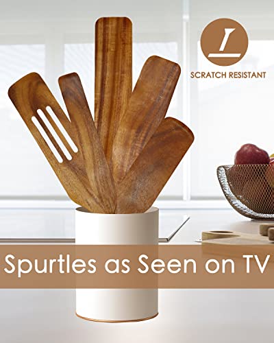 EVERQUEIN Spurtles Kitchen Tools Wooden 5pcs Cooking Utensils Set As Seen on Tv, Natural Premium Acacia Wood Spatula Slotted Spoon, Friendly for Non-Stick Cookware, Serving (Wood)