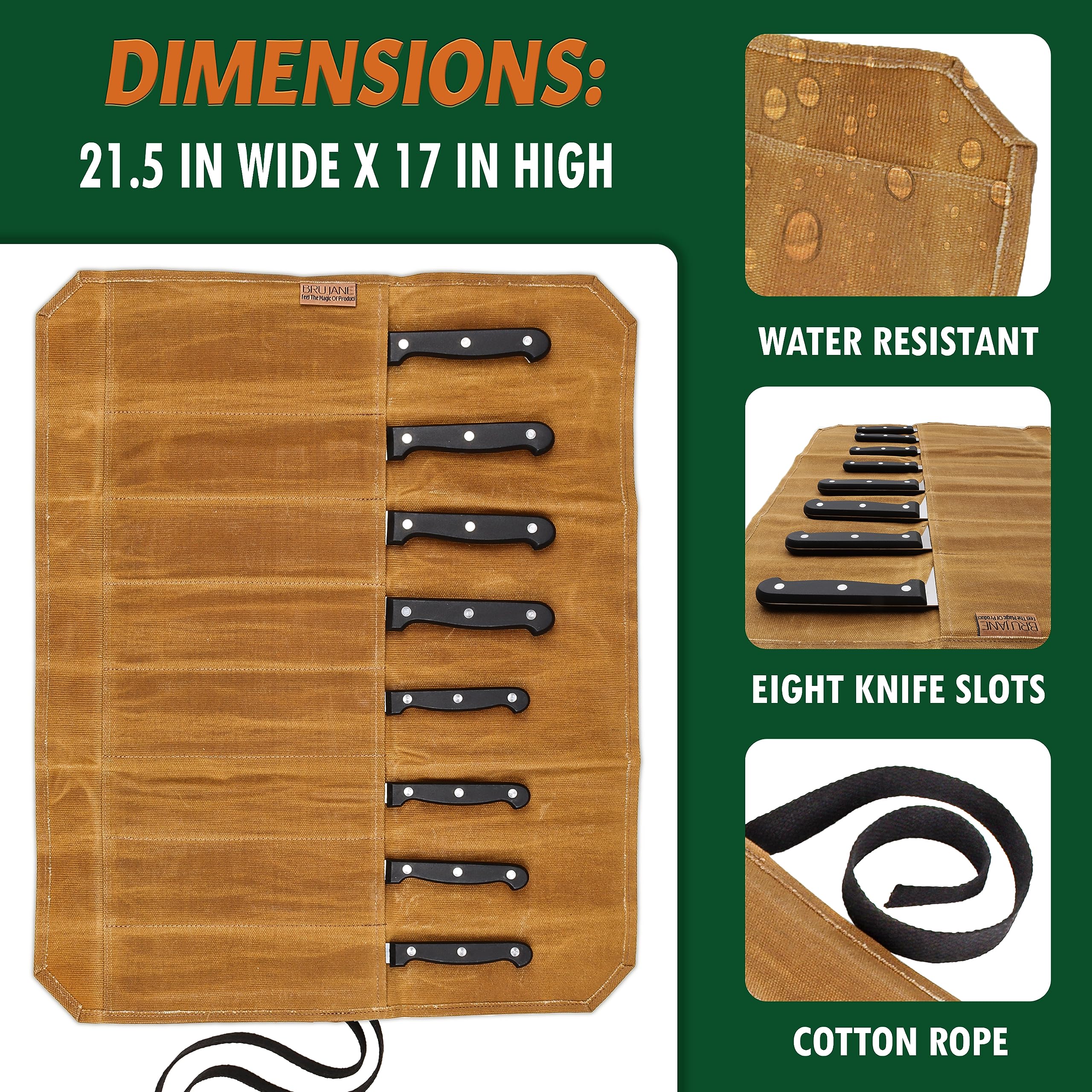 BRUJANE Knife Roll Bag with Cotton Rope | Waxed Canvas Knife Bag for Chefs & Culinary Enthusiasts | Folding Design | 8 Pockets, Holds 7.87-inch Knives (17”L x 21.5”W)