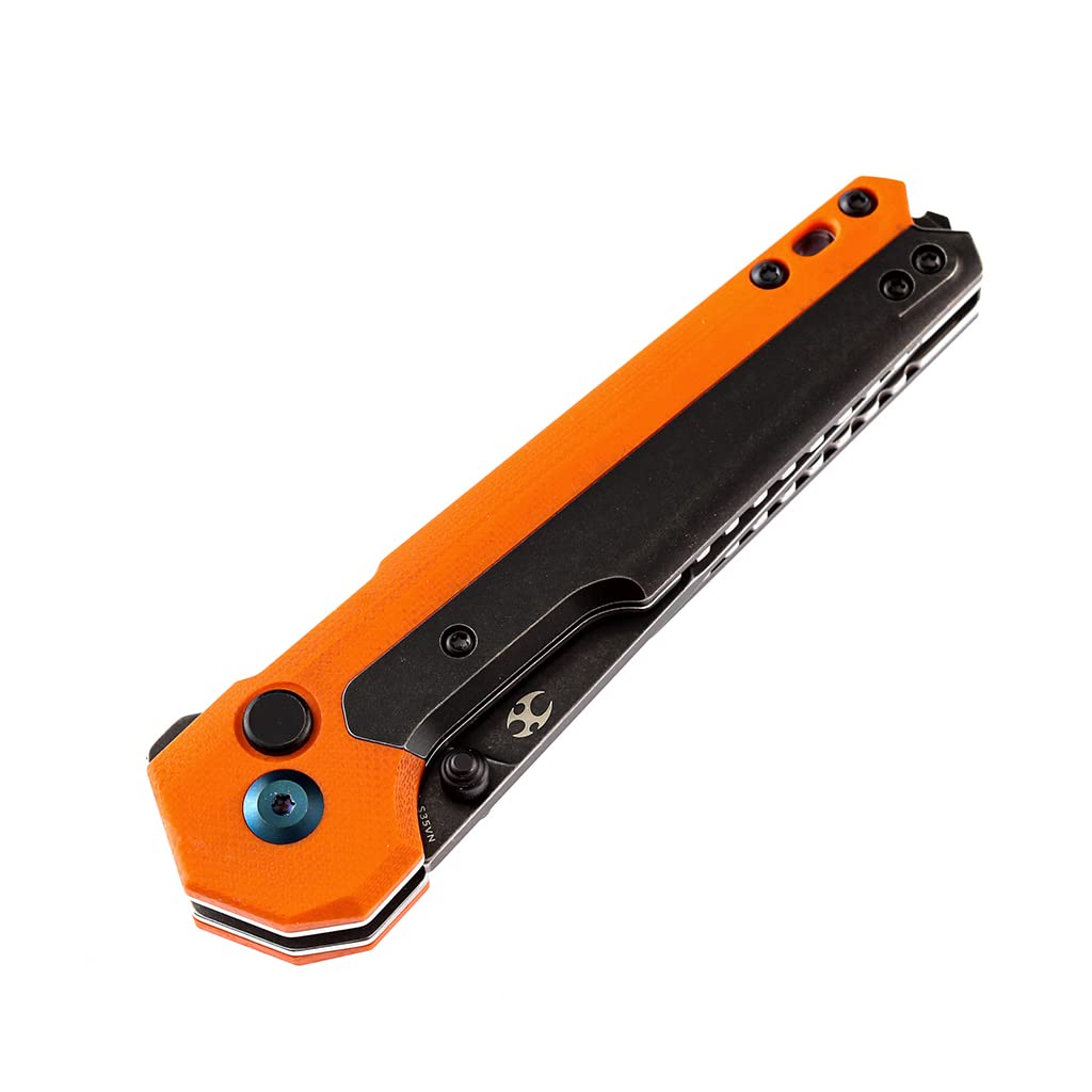 KANSEPT EDC Tac 7.43in Folding Pocket Knives with 3.53in Black Ti-coated S35VN Drop Point Blade and Orange G10 + Titanium Inlay Handle, Button Lock Knife for Outdoor,Tactical,Camping K2009A7