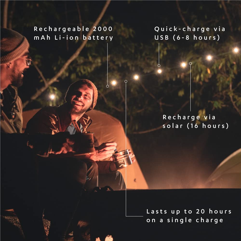 MPOWERD Luci Solar String Lights + Phone Charger: White 18' Rechargeable via Solar or USB-A, 100 Lumens LEDs, Lasts Up to 20 Hours, Waterproof, Camping, Backyard, and Travel