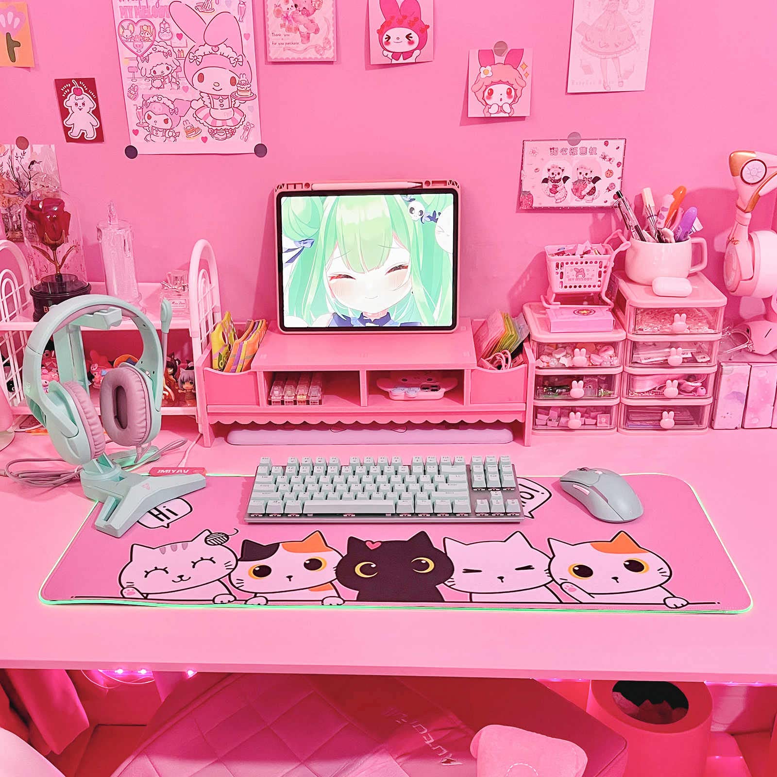 Pink Kawaii Cat RGB Gaming Mouse Pad 31.5x12 Inch PC XL Large Extended Glowing Led Light Up Cool Mouse pad Desk Pad Non-Slip Rubber Jmiyav Computer Mouse Pad Cute Mousepad Mat 31.5x12 Inch