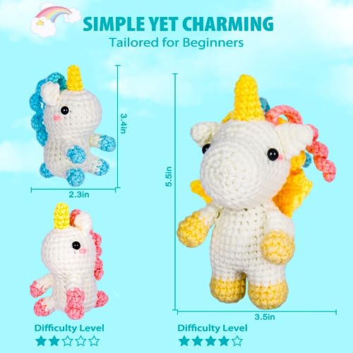 Crochetta Crochet Kit for Beginners, Amigurumi Crocheting Animals Kits w Step-by-Step Video Tutorials, Knitting Starter Pack for Adults and Kids, Jumbo 3 Unicorn Familly (40%+ Yarn Content)