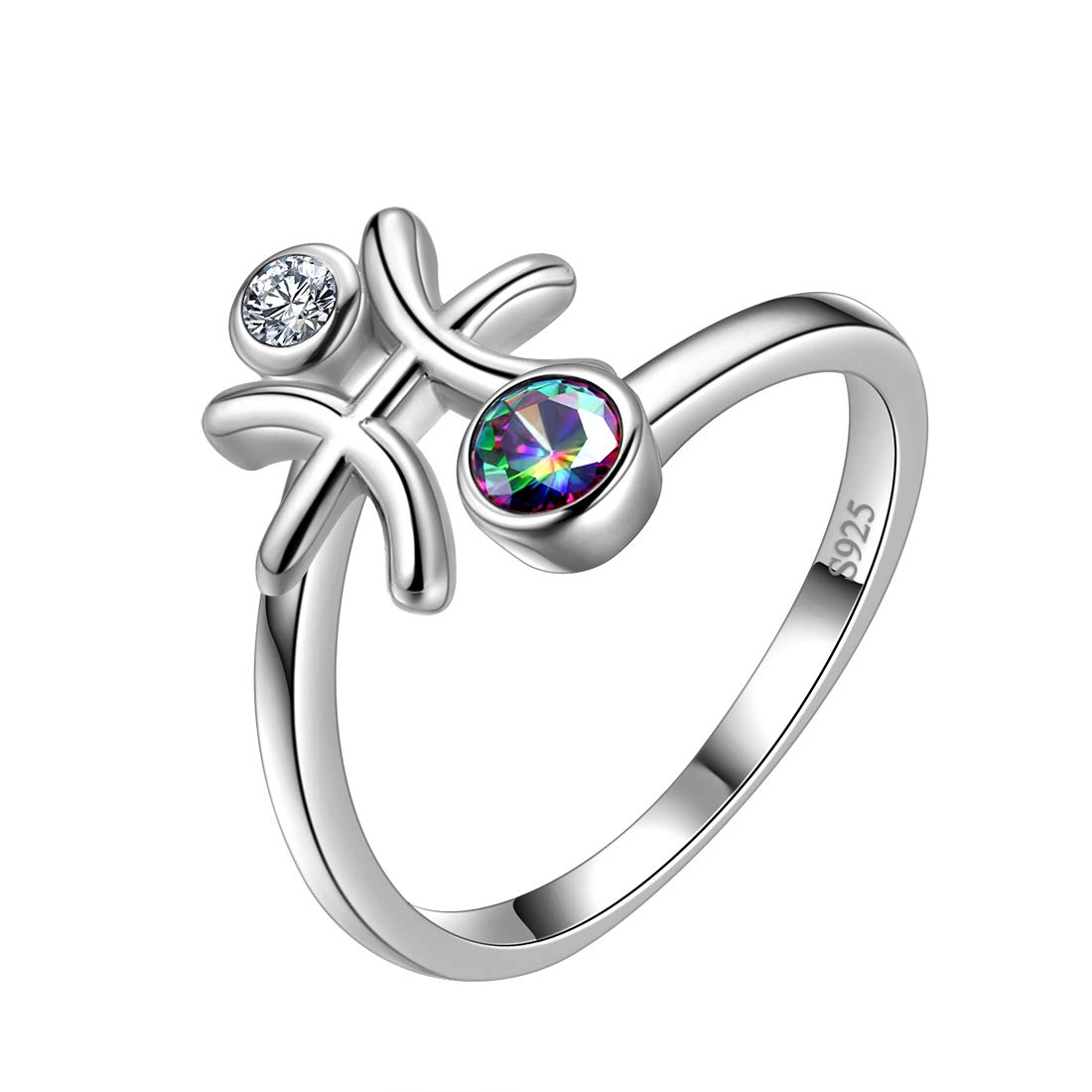 Aurora Tears Pisces Zodiac Rings Women 12 Constellation Horoscope Sign 925 Sterling Silver Mystic Rainbow Topaz Astrology Star Adjustable Birthday Gifts Fire Topaz Present DR0087Y