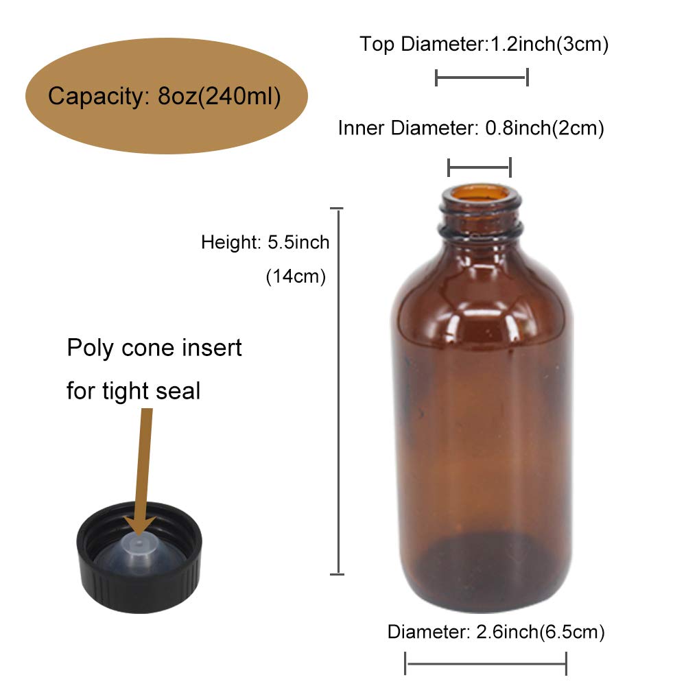 BPFY 12 Pack 8 oz Glass Boston Bottle With Black Poly Cap, Funnel, Chalk Labels, Pen, Dispensing Bottles for Homemade Vanilla Extract, Essential Oils, Herbal Medicine, Wedding Christmas Decor (Amber)