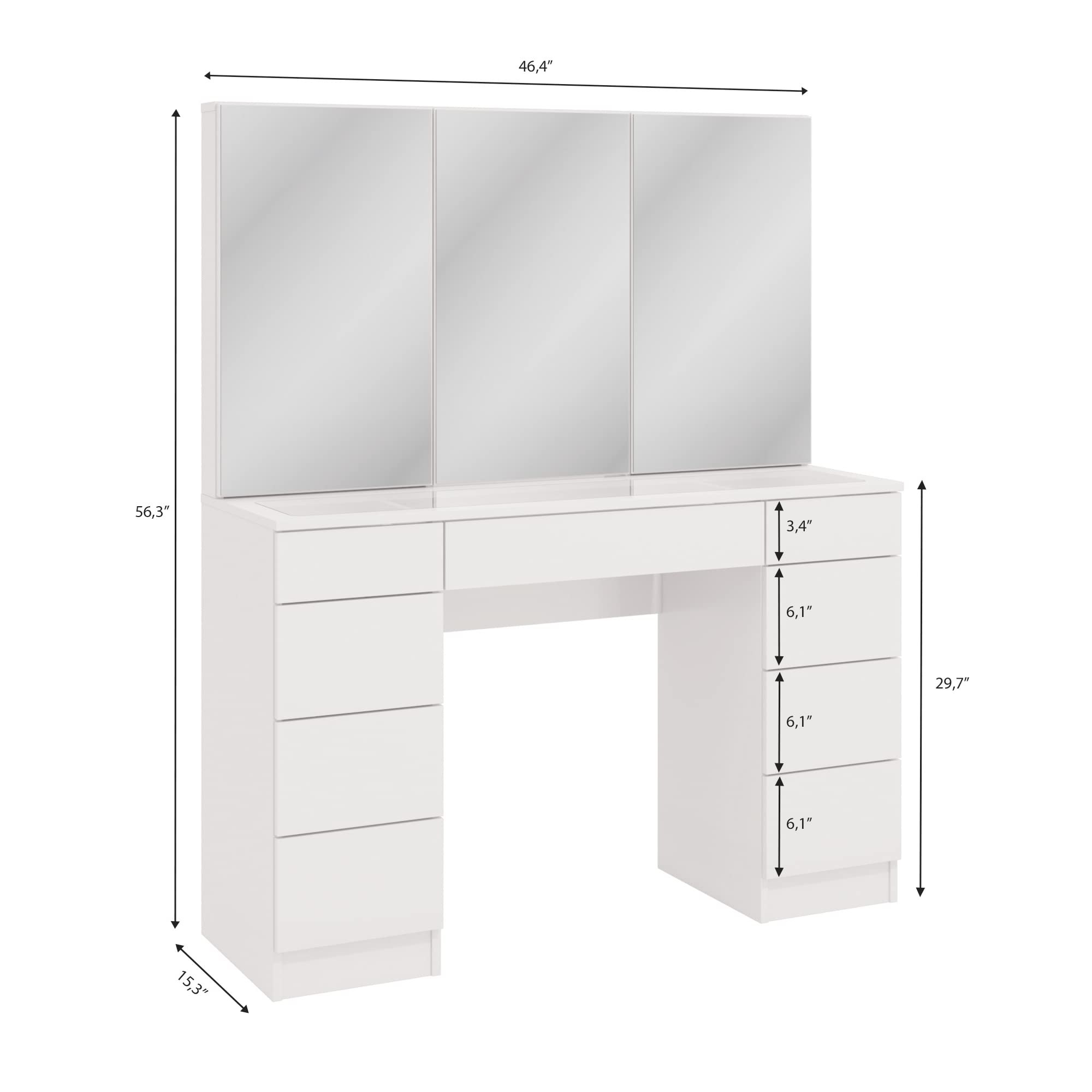 Boahaus Lily White Makeup Vanity Desk with Mirror Cabinets, Glass Top, 9 Drawers, and Crystal Ball Knobs - Modern Makeup Desk - Big Vanity - Large