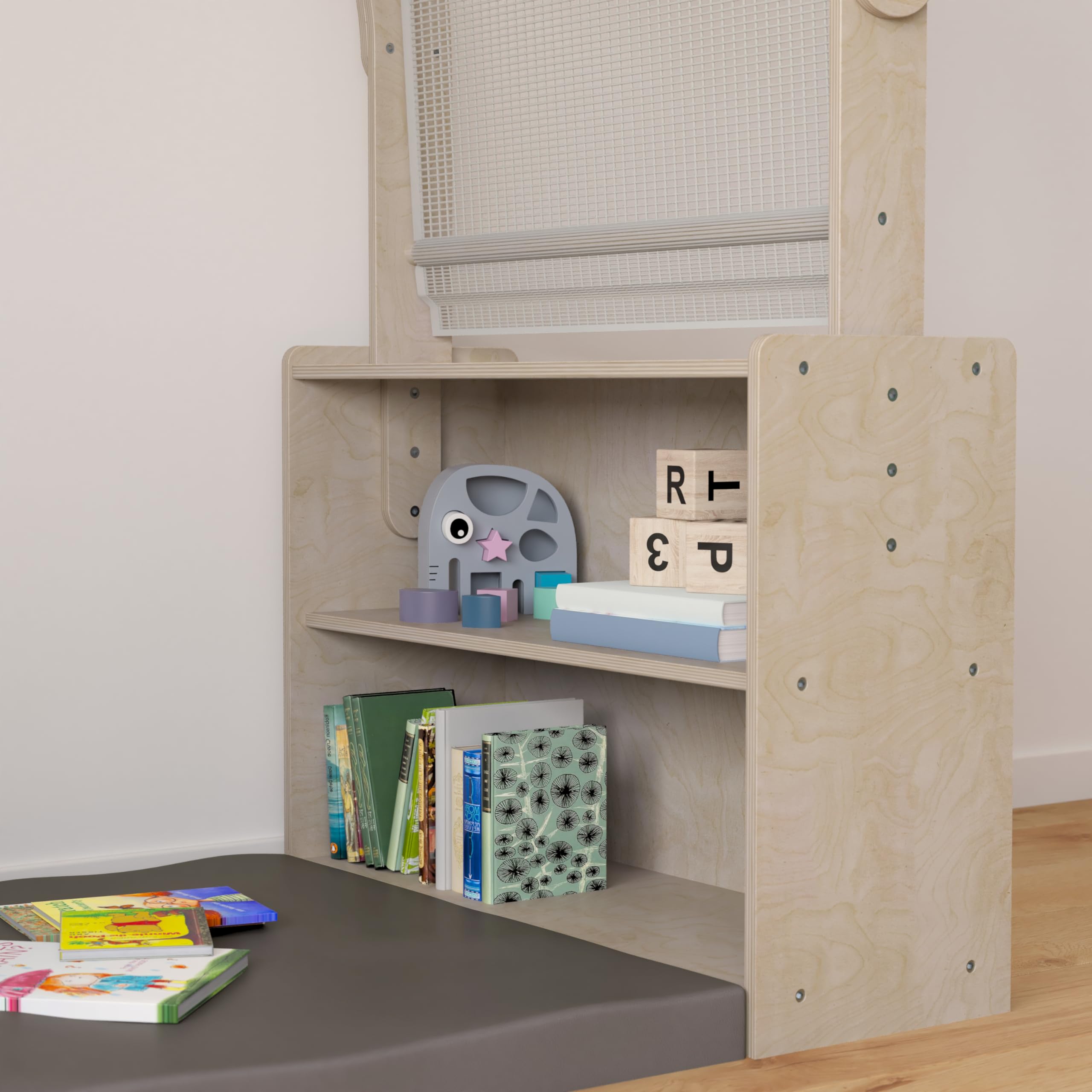 Classroom Essentials Commercial Grade Wooden Quiet Corner Reading Nook with Two Storage Shelf Units and Canopy-Green Guard Certified Wood