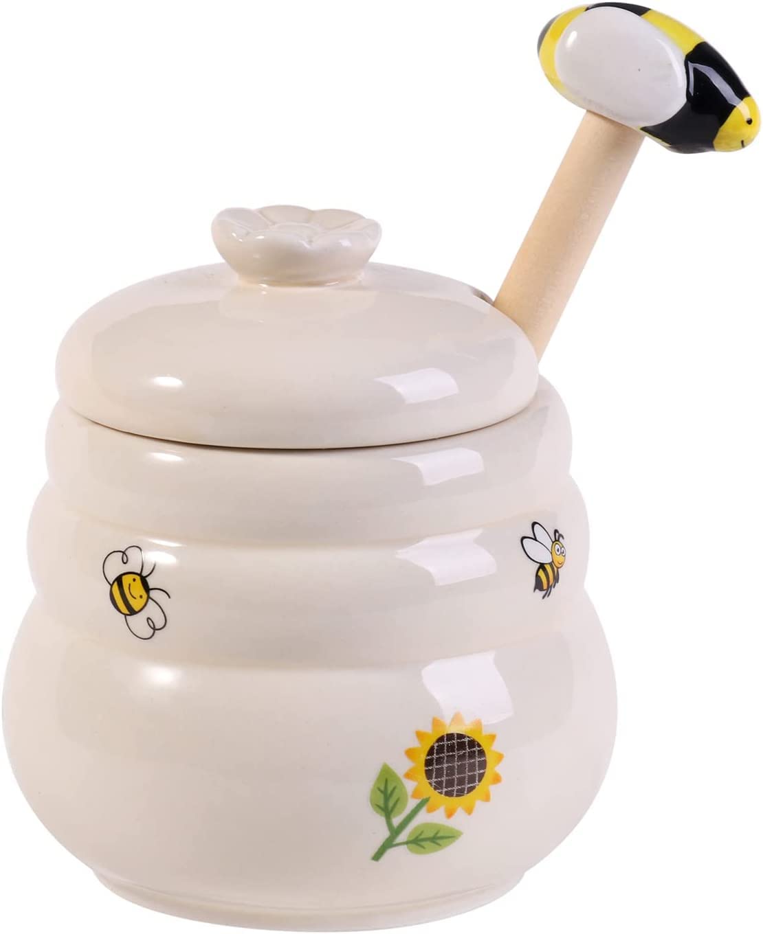 Ceramic Honey Jar with Wooden Honey Dipper-Honey Pot with Dipper- Honey Jar with Stand, Great Bee Decor- Farmhouse Kitchen Decor