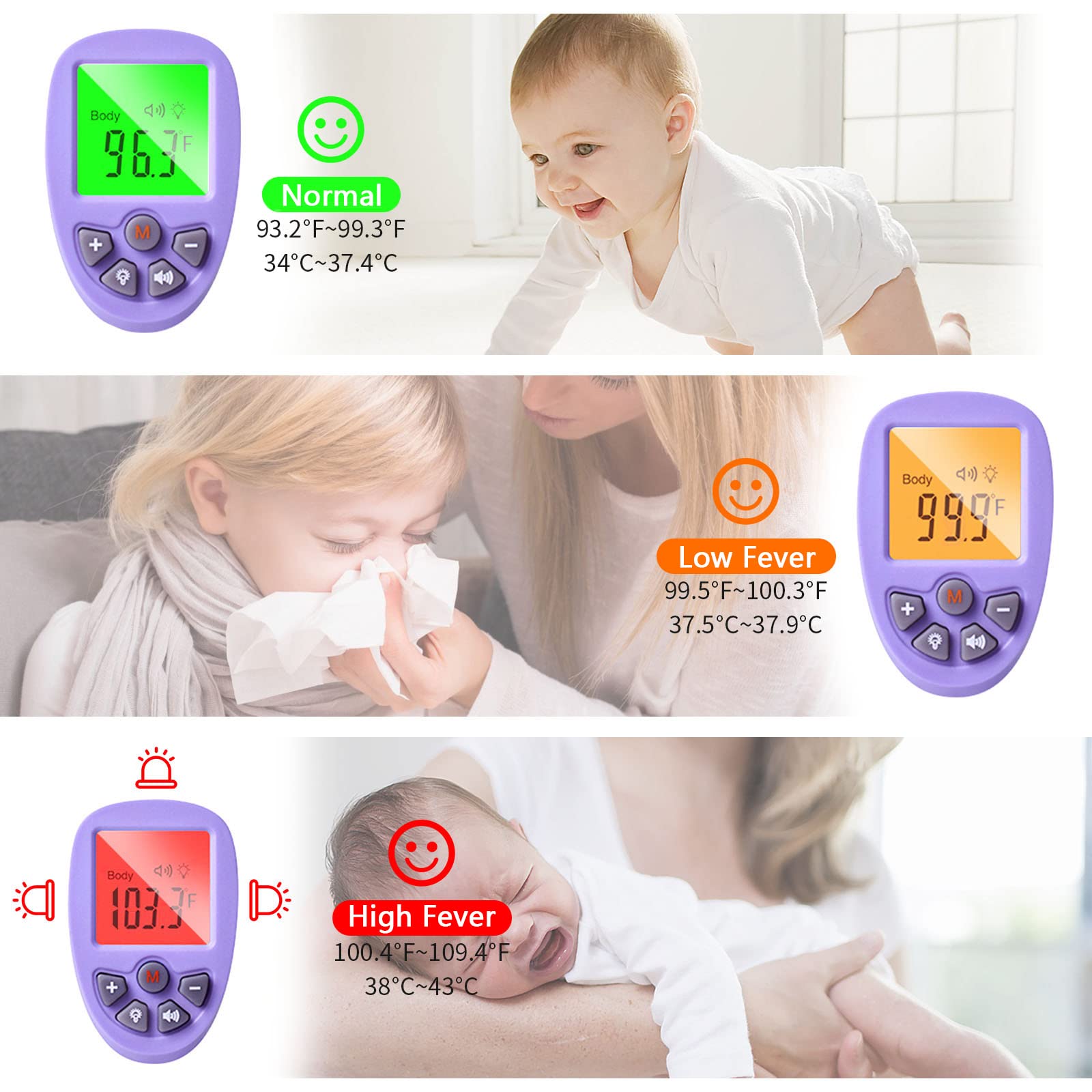 Forehead Thermometer, Non-Contact Infrared Adult and Child thermometers, with Fever Alarm, Accurate Reading and Memory Function, for Indoor and Outdoor use, 1 Second Results