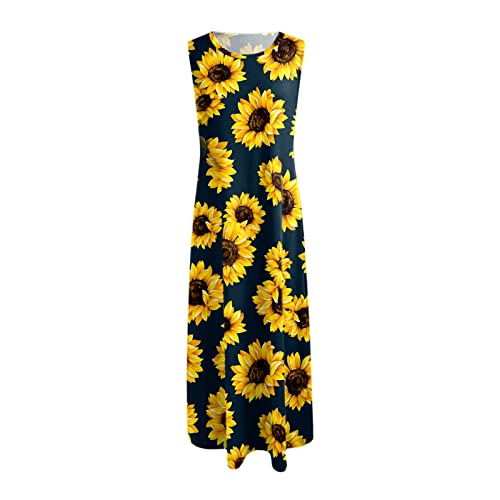 Bodycon Women Summer Spring Maxi Dress O Neck Sleeveless Split Long Boho Pockets Beach Tank Night Side Slit Yellow