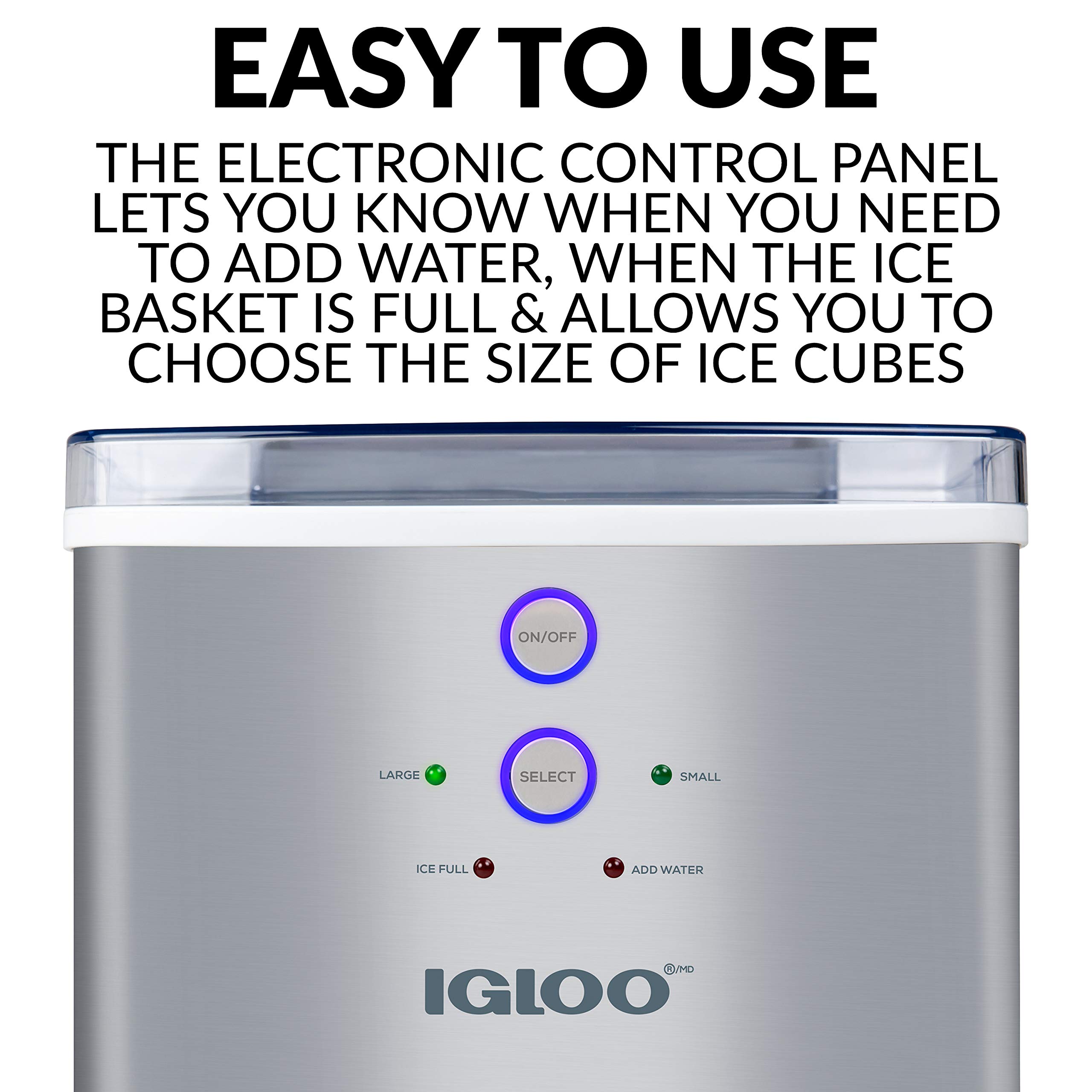 Igloo ICEB33SS Large-Capacity Stainless Steel Automatic Portable Electric Countertop Ice Maker Machine, 33 Pounds in 24 Hours, 9 Cubes Ready in 7 Minutes, with Scoop and Basket