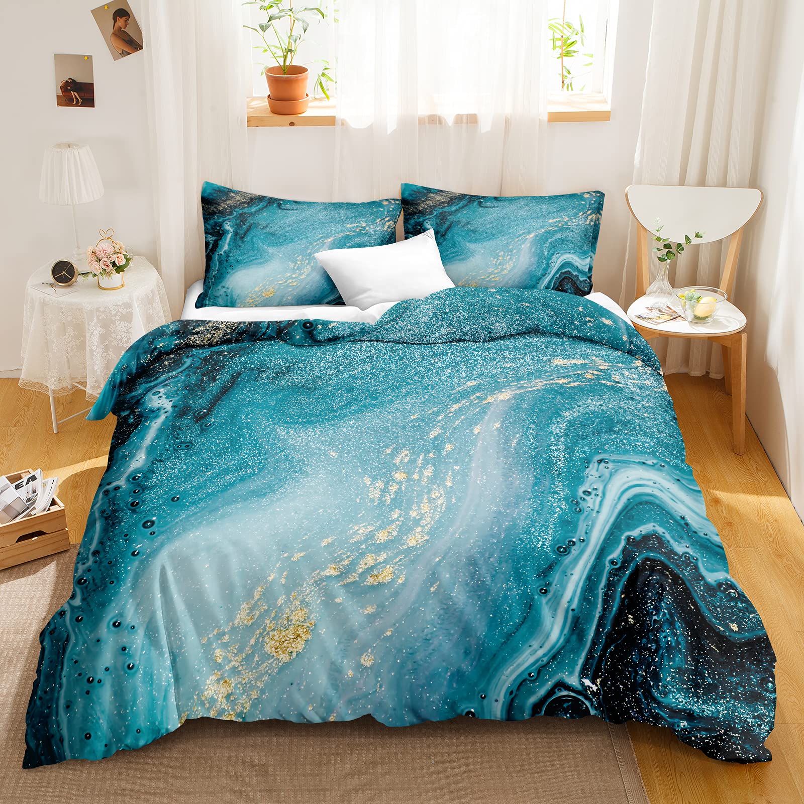 Bedbay Marble Duvet Cover Queen Size Teal Marble Bedding Set Blue Gold Marble Texture Abstract Bedding Comforter Cover(Teal,Queen)