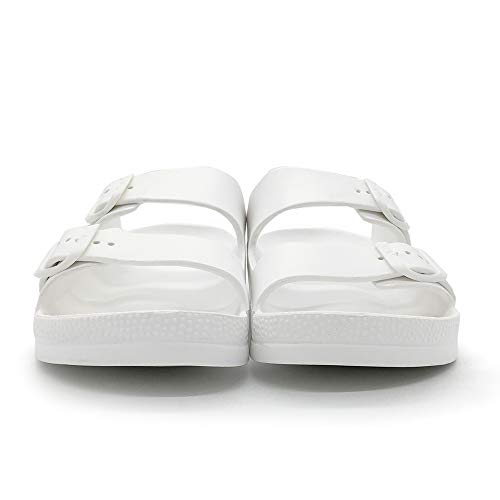 FUNKYMONKEY Women's Comfort Slides Double Buckle Adjustable EVA Flat Sandals (9 M US-Women, White)