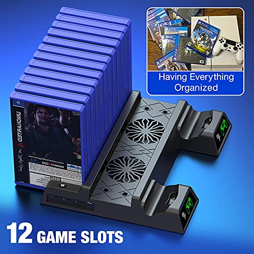 Kawaye PS4 Stand Cooling Fan for PS4 Slim/ PS4 Pro/Regular PlayStation4, PS4 Vertical Stand Controller Charger Station for Dual Charging, PS4 Accessories with Game Storage for Playstation Consoles