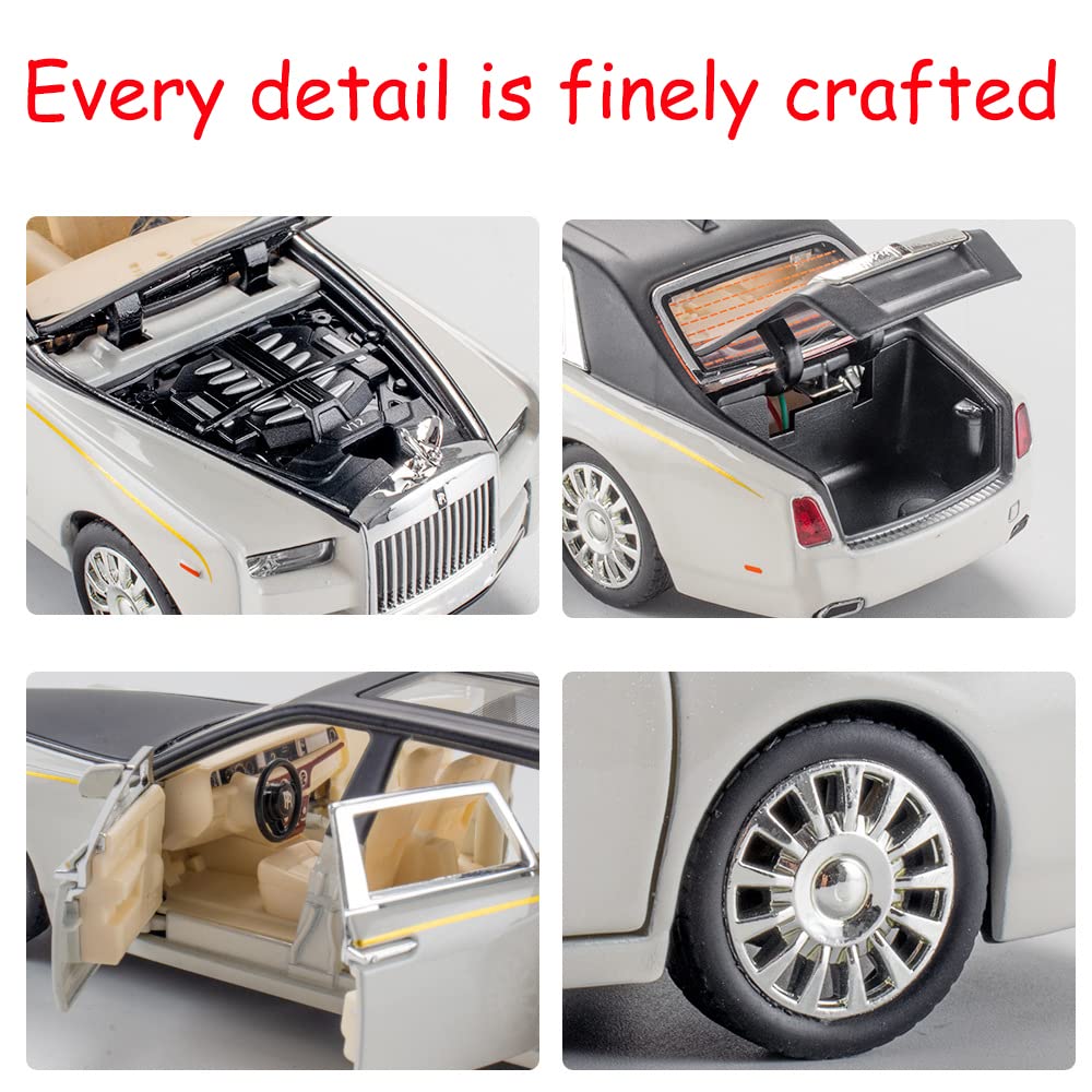 Toy Car Model White Rolls-Royce Phantom Alloy Collectible Pull Back Vehicles Diecast with Light and Sound