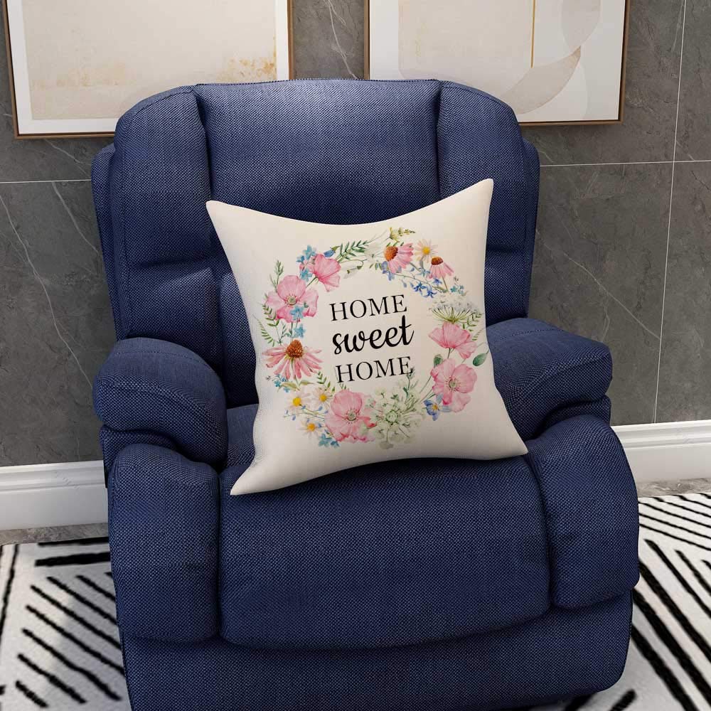 FIBEROMANCE Spring Pillow Cover 18x18 Flower Pillow Home Sweet Home Spring Floral Garden Wreath Farmhouse Décor Throw Pillow Covers Pillow Case for Sofa Couch Home Decoration