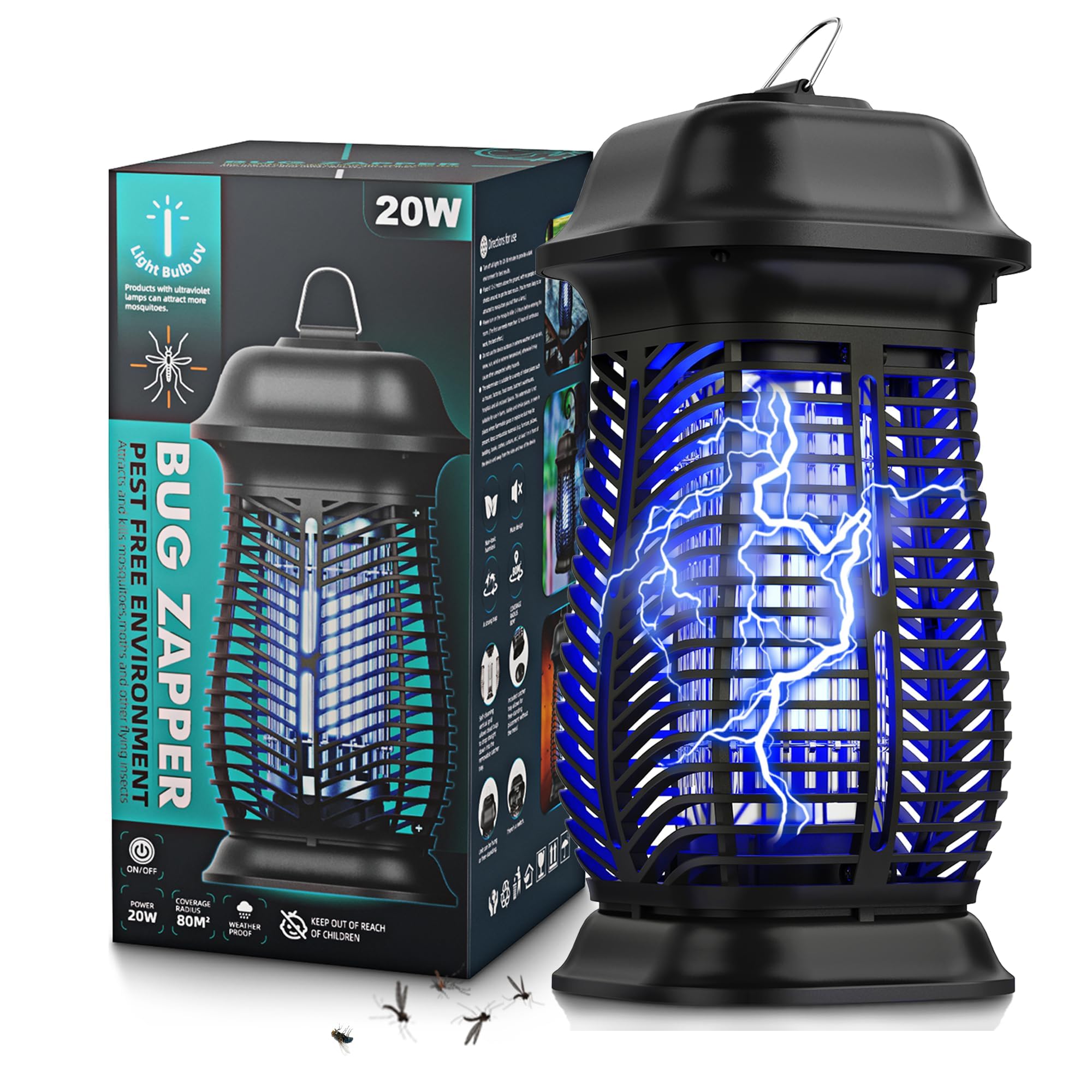 Bug Zapper Outdoor, Mosquito Trap for Indoors with Powerful 20W Bulb, Waterproof Fly Zapper, Electric Mosquito Killer for Home, Backyard, Patio, 100-127V