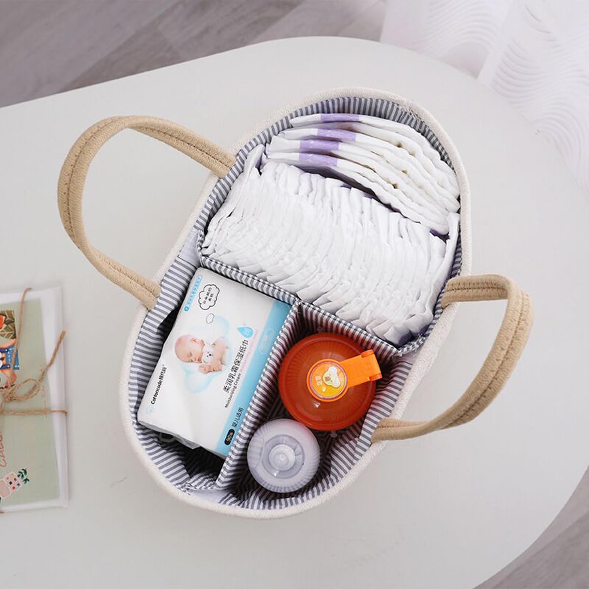 BSMstone Baby Diaper Caddy Organizer Diaper Basket with Divider Portable Car Organizer and Nursery Storage Bin Baby Best Shower Gifts for Newborn (Regular-White+Brown)