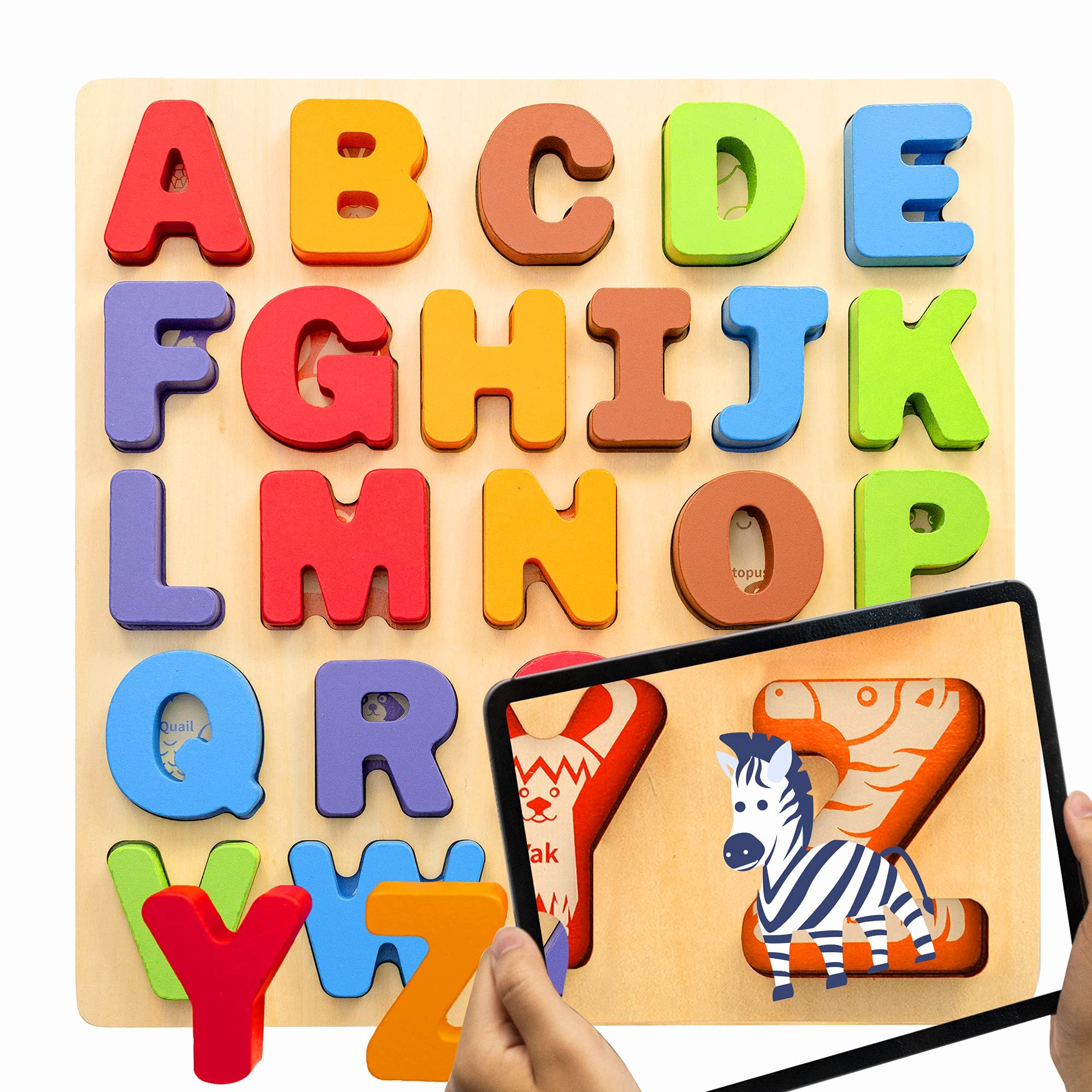 KIPPTO Wooden Alphabet Puzzles. Free Augmented Reality App, Favorite A-Z Animal Imprints with AR Makes Learning Interactive and Fun for Kids. Preschool Montessori Educational Toys 2-4 Years Old.