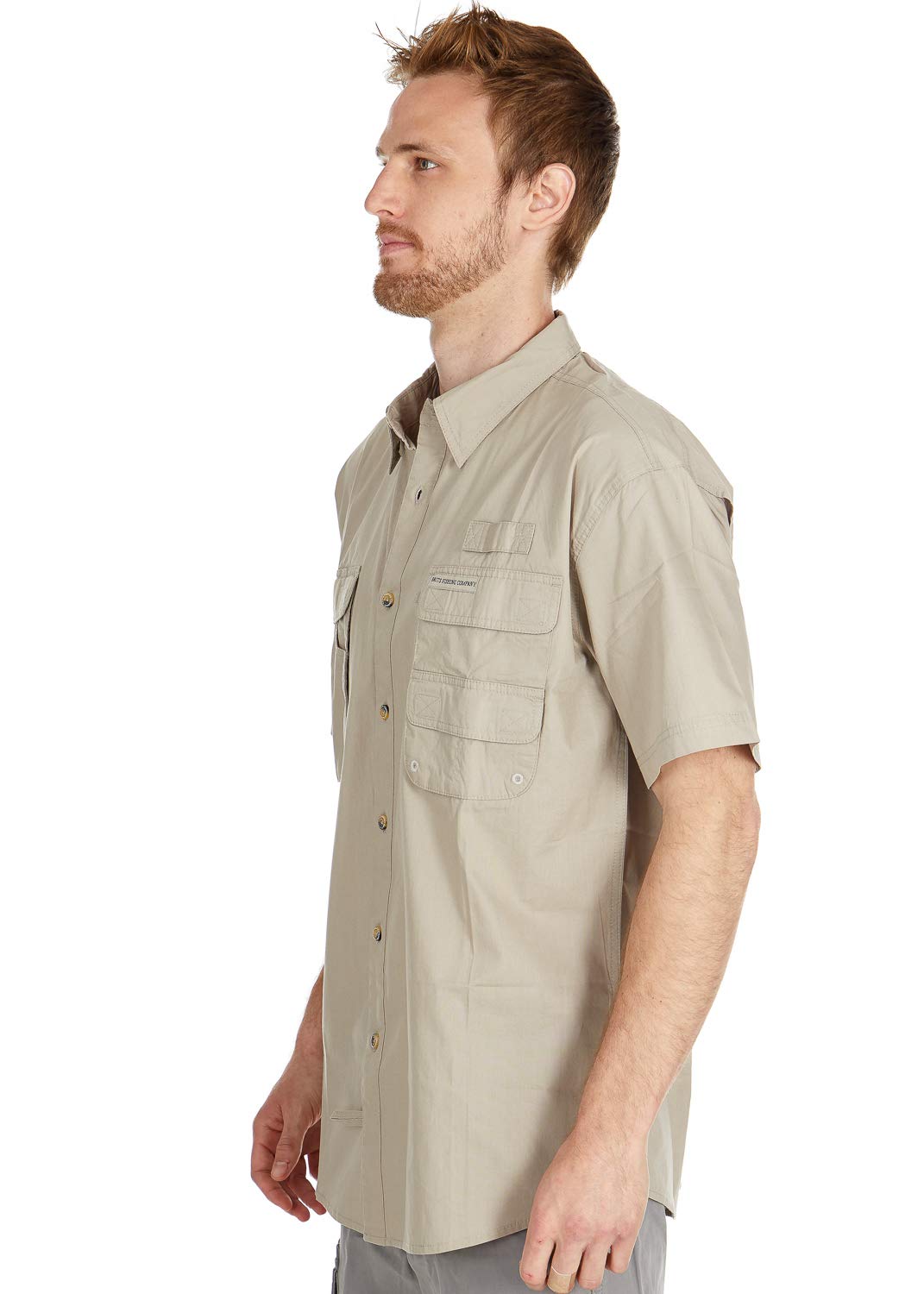 Baits Fishing Company | Men's Performance Fishing Shirt | Short Sleeve | Button Down | Vented | 100% Cotton (Sand, Large)