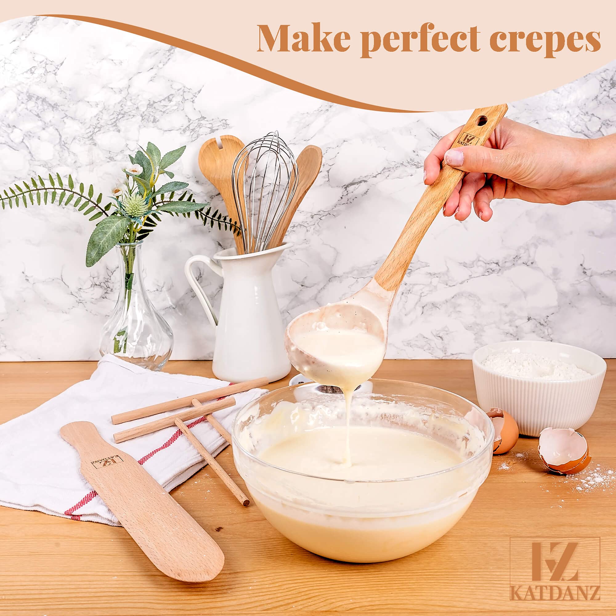 Crepe Spreader Spatula and Ladle Kit - Large and Medium Beachwood Versatile Pancake Tool 3 Recipes Included - Convenient Size for Nonstick Disc Pan Crepe Maker - Lightweight Wooden Flipper - Great Set