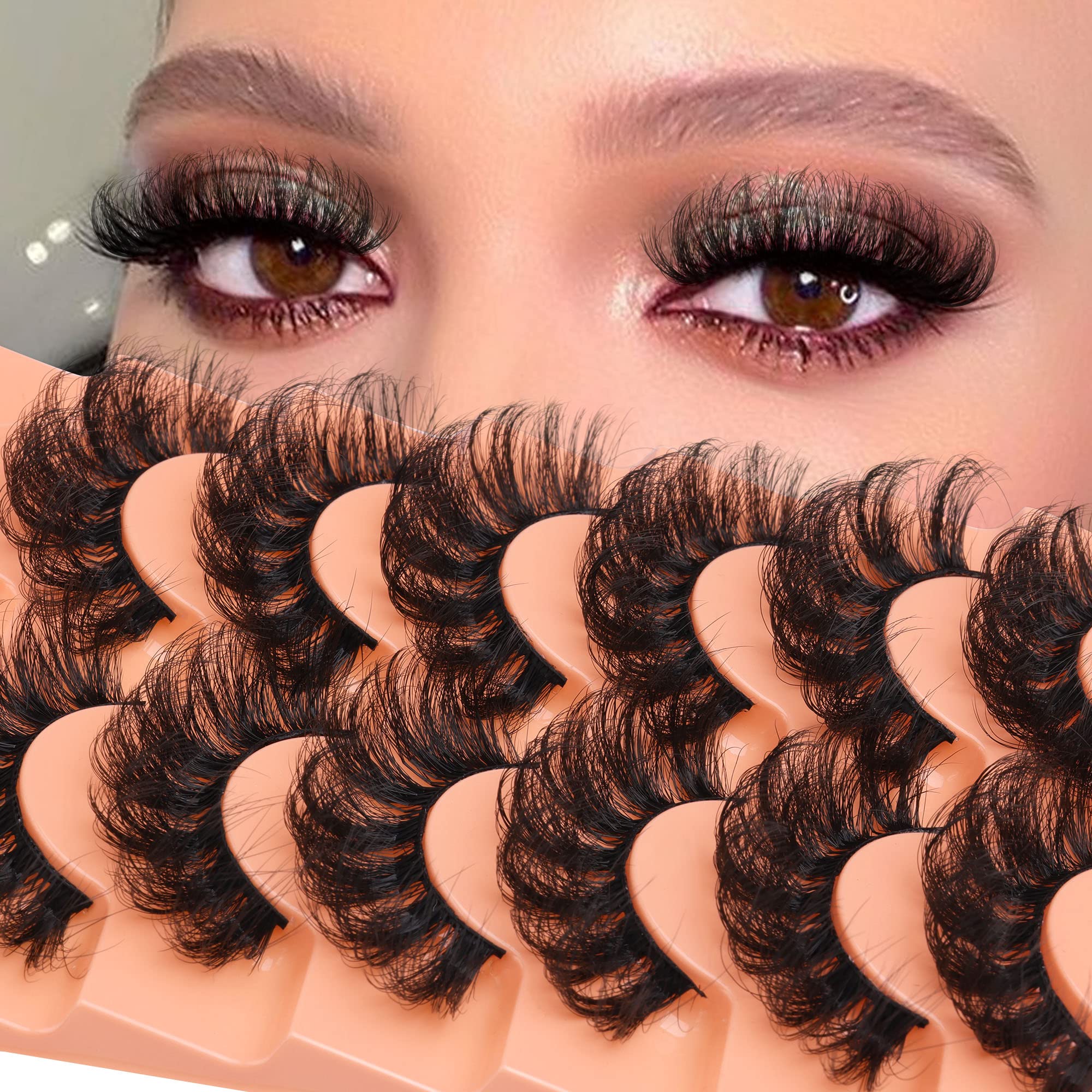 Dramatic False Eyelashes Fluffy Mink Lashes that Look Like Extensions Volume Wispy Eye Lashes Pack Long Thick D Curl Strip Fake Eyelashes 6 Pairs