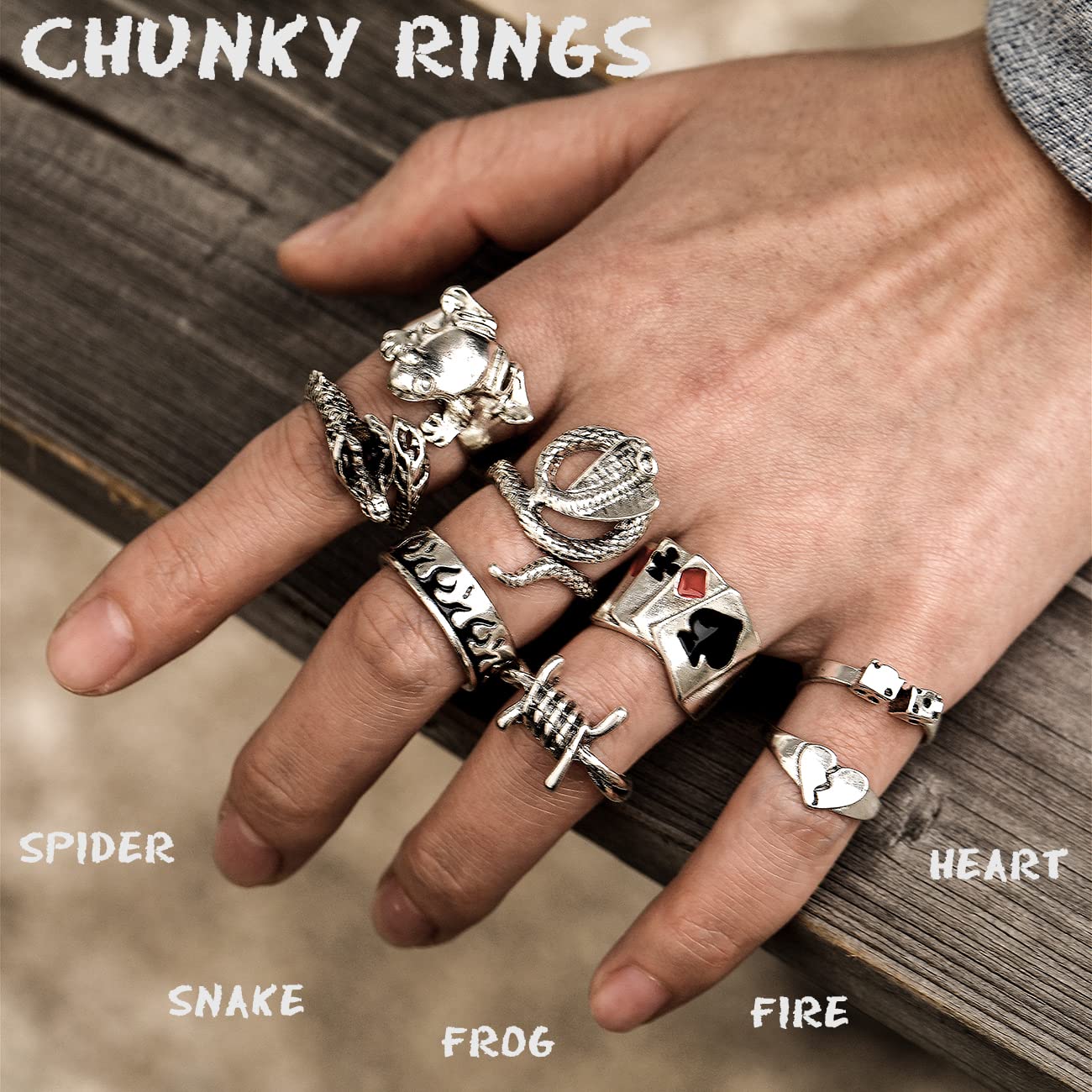 Black Rings for Men Women Girls, Goth Punk Rings Set, Cool Gothic Adjustable Ring Pack, Vintage Stackable Animal Rings Bulk, Vintage Chunky Knuckle Emo Rings, Boho Snake Spider Eboy Open Rings Y2K Accessories (Big silver punk rings-24 pcs)
