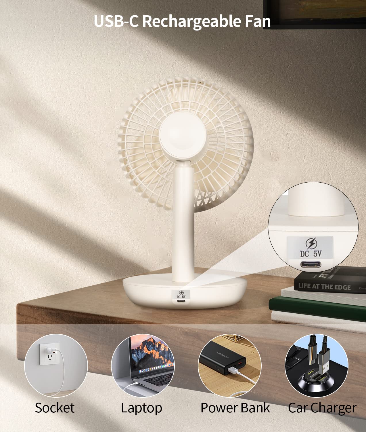 BEESTAR 6 Inch Battery Powered Fan,2000mAh Rechargeable Fan 4 Speed Adjustable Strong Wind,Desk Fans Small Quiet with Usb Charging Cable,Tilt Design,Fan For Office Bedroom Desktop Camping (White)