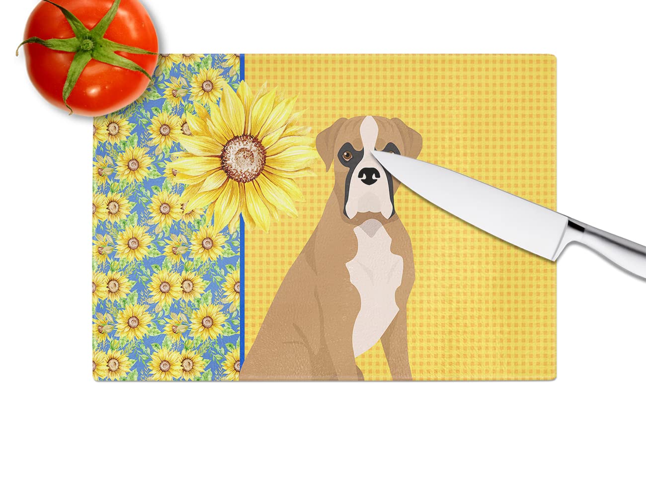 Caroline's Treasures WDK5340LCB Summer Sunflowers Natural Eared Fawn Boxer Glass Cutting Board Large Decorative Tempered Glass Kitchen Cutting and Serving Board Large Size Chopping Board