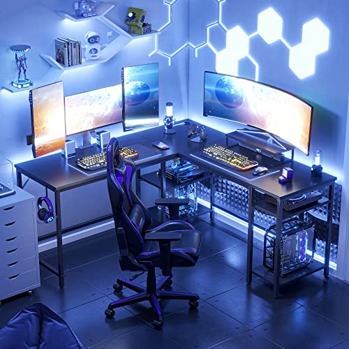 CubiCubi L Shaped Desk with Storage, 94.8 Inch Reversible Corner Computer Desk or 2 Person Long Table Desk, Home Office Large Gaming Writing Storage Workstation with Monitor Stand, Black