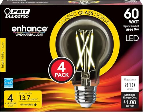 Feit Electric LED Clear A19 Medium Base Light Bulb - 60W Equivalent - 15 Year Life - 810 Lumen - 3000K Bright White - Dimmable | 4-Pack