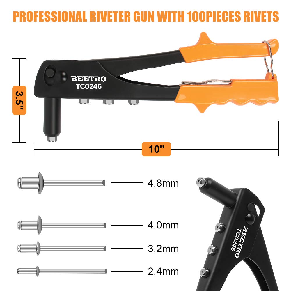 BEETRO Heavy Duty Hand Riveter, Rivet Gun, 3/32"-1/8"-5/32"-3/16", 4 Nosepieces Set Includes 100pcs Rivets, Durable and Suitable for Metal, Plastic and Leather