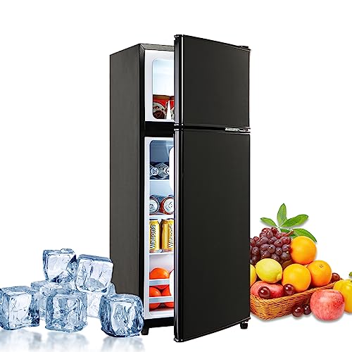 EUASOO 3.5 Cu.Ft Compact Refrigerator with Freezer, Lock Fresh Energy Saving Comp, Vintage Double Door, 7 Level Adjustable Thermostat for Kitchen, Dorm, Bar, Office, Apartment-Black