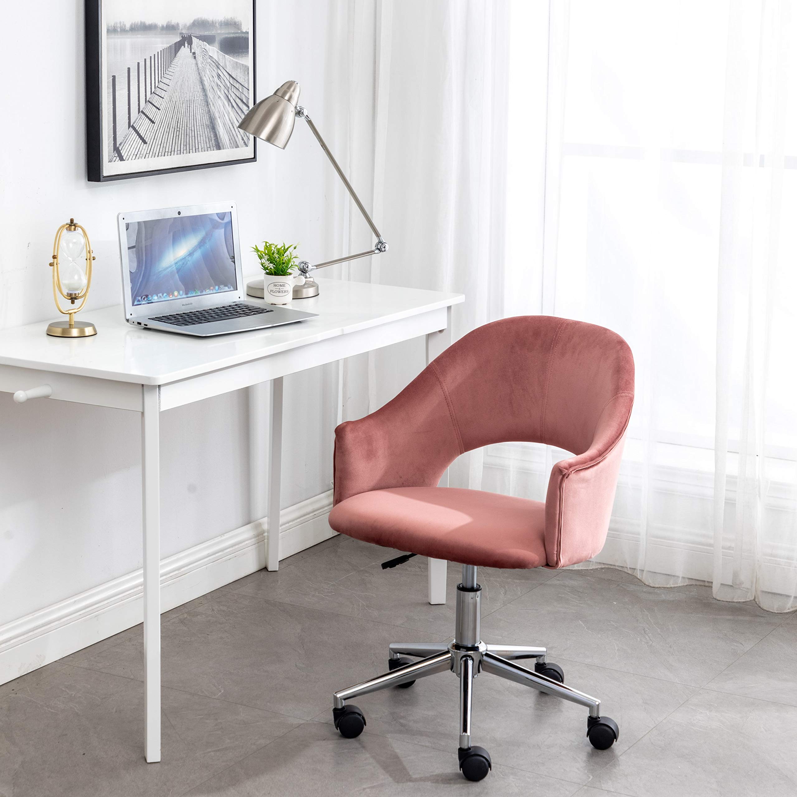 BTEXPERT Midback Swivel Task Vanity Makeup Work, Rose Pink (5155) Velvet Home Office Chair, Adjustable Upholstered Accent