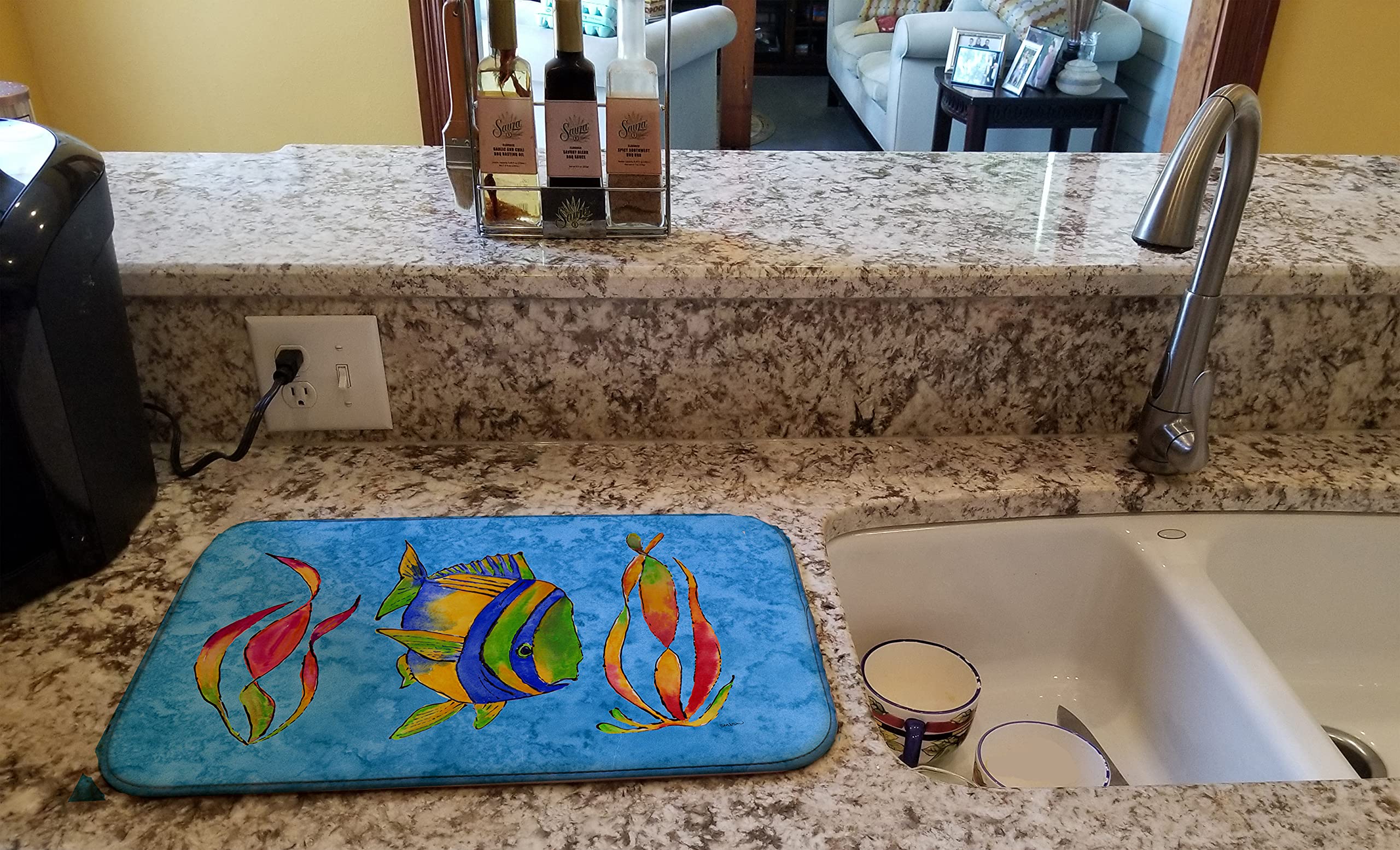 Caroline's Treasures 8713DDM Troical Fish and Seaweed on Blue Dish Drying Mat Absorbent Dish Drying Mat Pad for Kitchen Counter Dish Drainer Mat for Countertop, 14 x 21", Multicolor