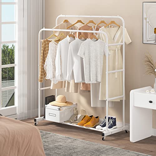 Laiensia Double Rod Garment Rack,Portable Rolling Clothes rack on Wheels,for Hanging Clothes,White
