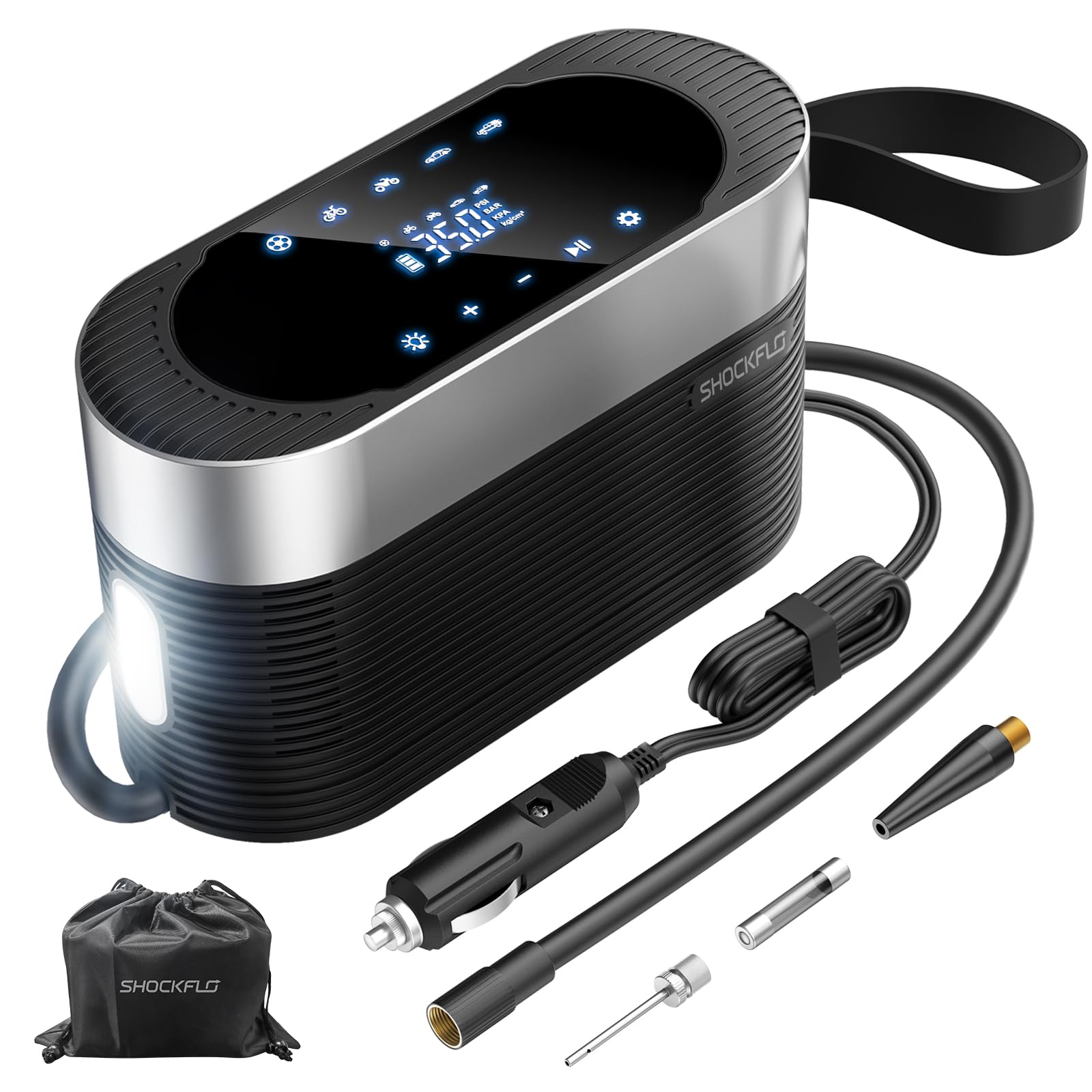 ShockFlo Tire Inflator Portable Air Compressor 12v DC Ultra Fast Air Pump for Car Tires- 150PSI Car Tire Air Pump Digital Pressure & Pre-set Gauge with Emergency LED Light