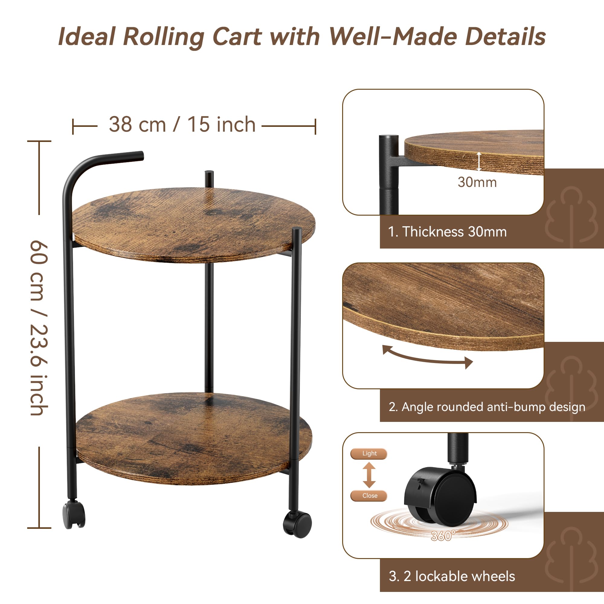 Bavelye 2-Tier Round Side Table, Modern Wooden Small Sofa Coffee End Tables Indoor Outdoor with Lockable Wheels Portable Bedside Table for Living Room, Kitchen,Dark Brown.