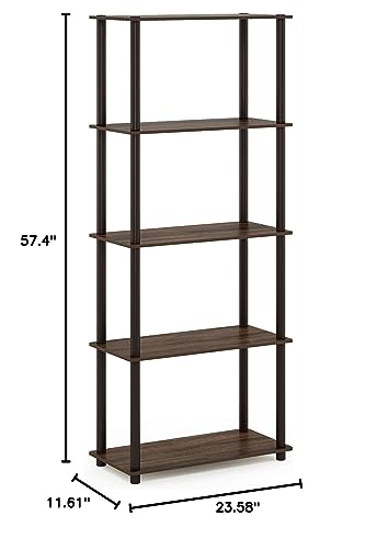 Furinno Turn-N-Tube 5-Tier Multipurpose Shelf / Display Rack / Storage Shelf / Bookshelf, Round Tubes, Walnut/Brown
