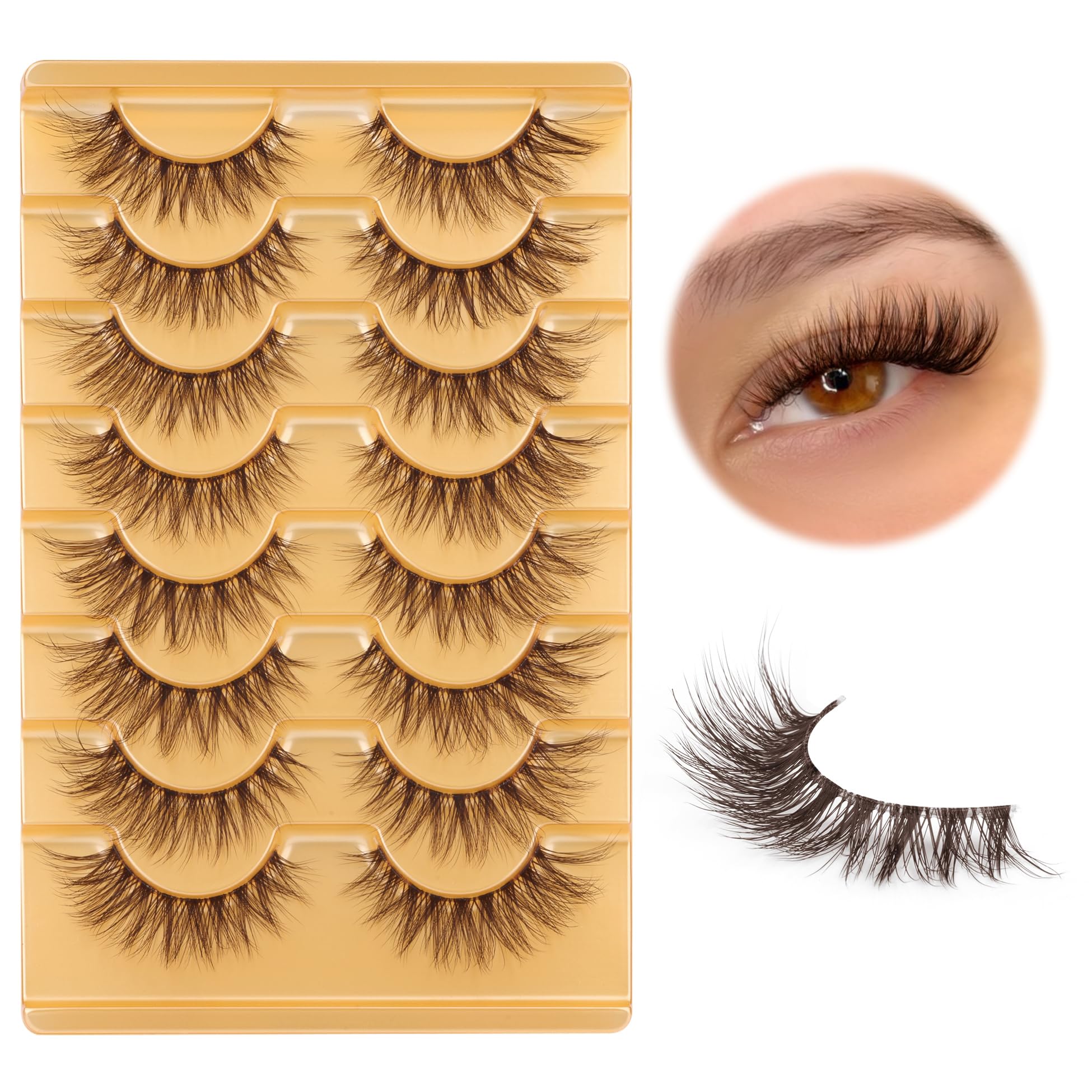 Brown Lashes Strip Natural Looking Cat Eye Lashes Brown Eyelashes Wispy Fluffy Clear Band Brown Eye Lash Pack 8 Pairs