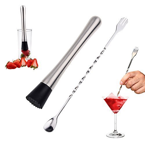Cocktail Muddler & Mixing Spoon 10" - Cocktail Party Utensils by Kitchen Supplies - Crush Fresh Fruit, Spices or Ice - Mix and Blend Own Drinks Like a Pro - Perfect Set For Cocktails (Retail Pack)