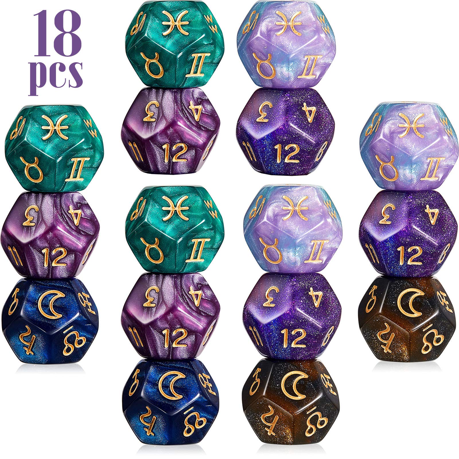 Kasyat 18 Pieces Astrology Dice Astrological Dice 12-Sided Tarot Dice Resin Polyhedral Pearl Pattern Dice for Divination Astrology Tarot Cards Accessory