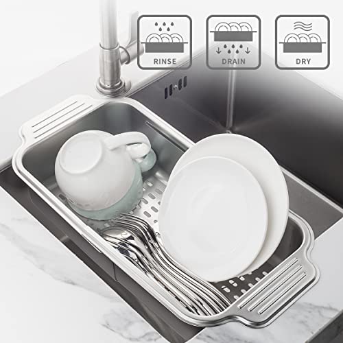 Choxila Extendable Over the Sink Colander Stainless Steel Strainer Basket - Wash Vegetables and Fruits, Drain Cooked Pasta and Dry Dishes - Extendable (8.3 W x 13.2-17.5 L x 3 H)