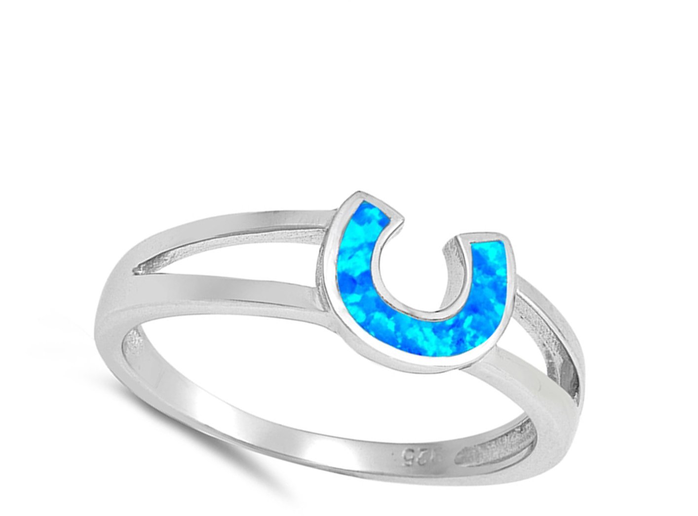 Blue Simulated Opal Horseshoe Lucky Charm Ring .925 Sterling Silver Band Size 8
