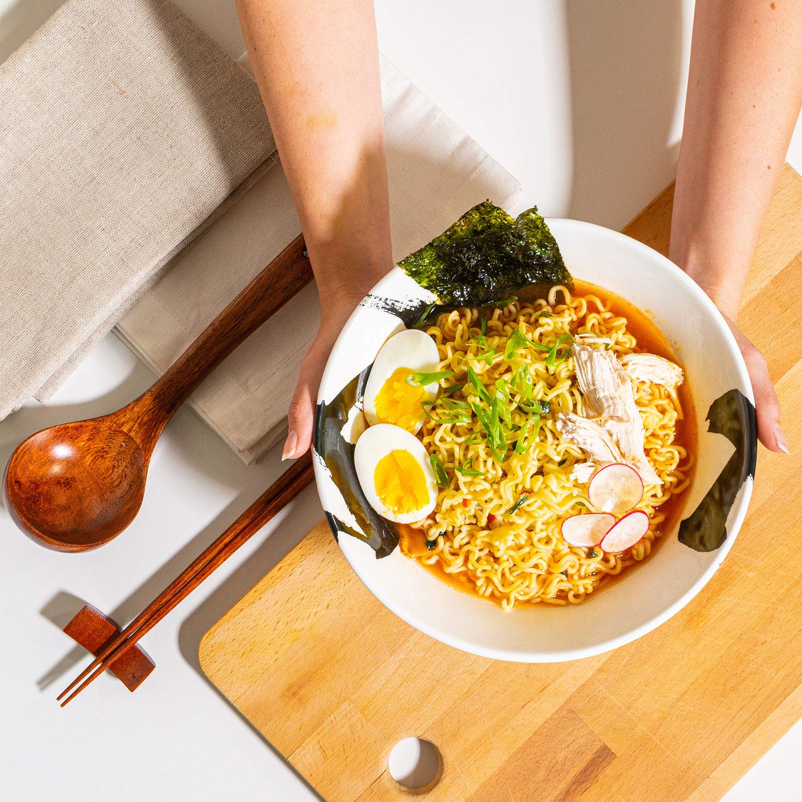 BICETTO Ceramic Japanese Ramen Bowl Set, 60oz Large Ramen Bowls with Chopsticks, Spoons and Chopstick Rests β Bowl for Ramen, Pho, Salad, Poke, Soup, Udon β Minimalist Design, Premium Quality, White