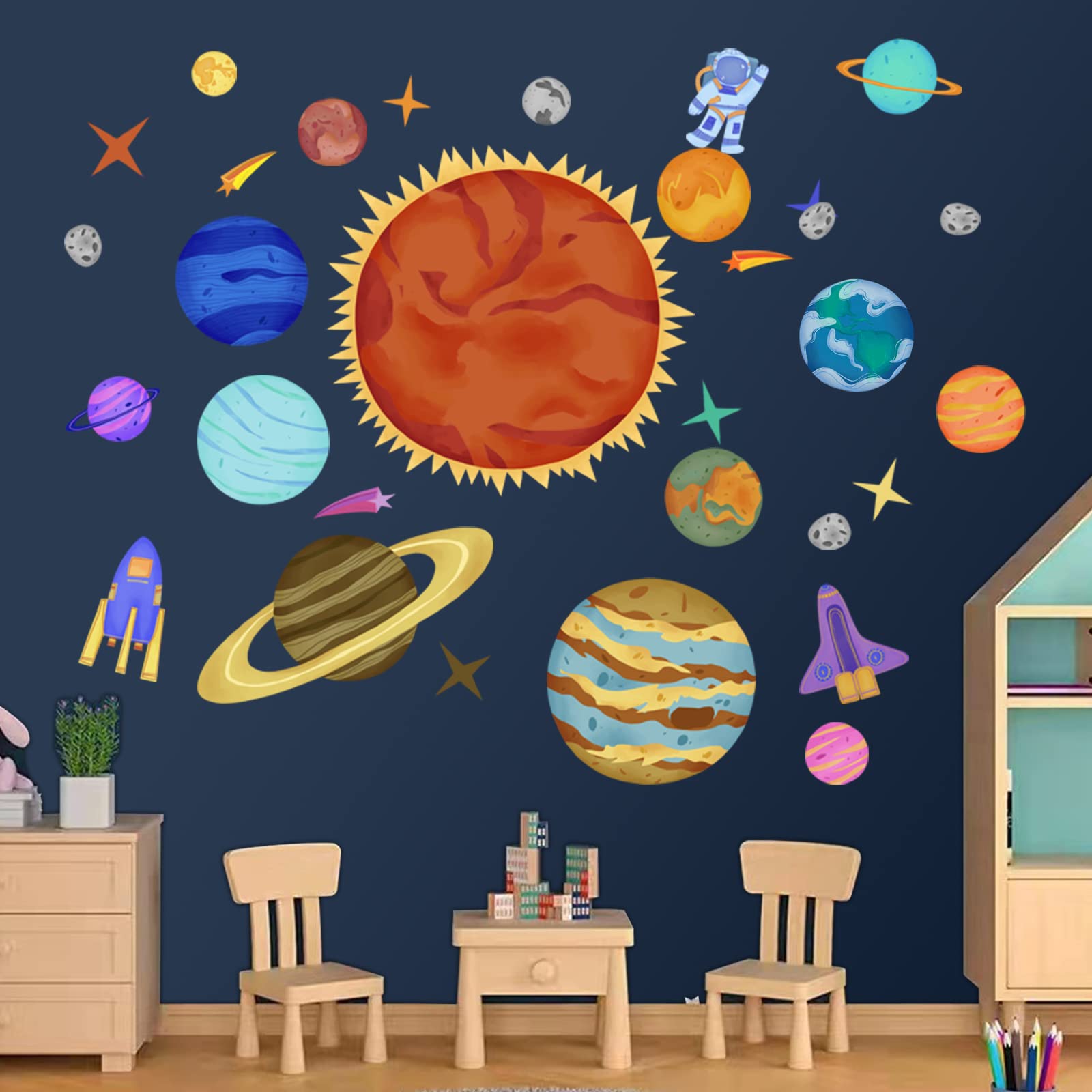 Planets in Space Wall Stickers, Solar System Wall Decals for Boys, Spaceship Stars Nursery Bedroom Playroom Wall Decor, Space Explorer Peel & Stick Wall Mural for Kids Toddler Classroom Decoration