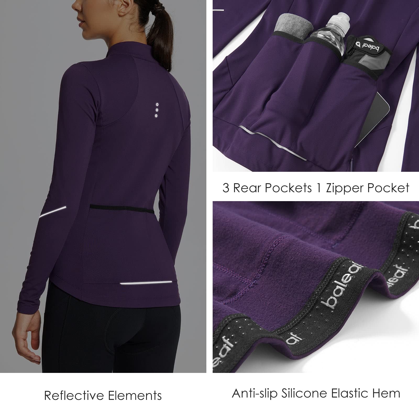 BALEAF Women's Thermal Cycling Jersey Long Sleeve Winter 4 Pockets Bike Fleece Jackets Windproof Reflevtive Cold Weather Purple L