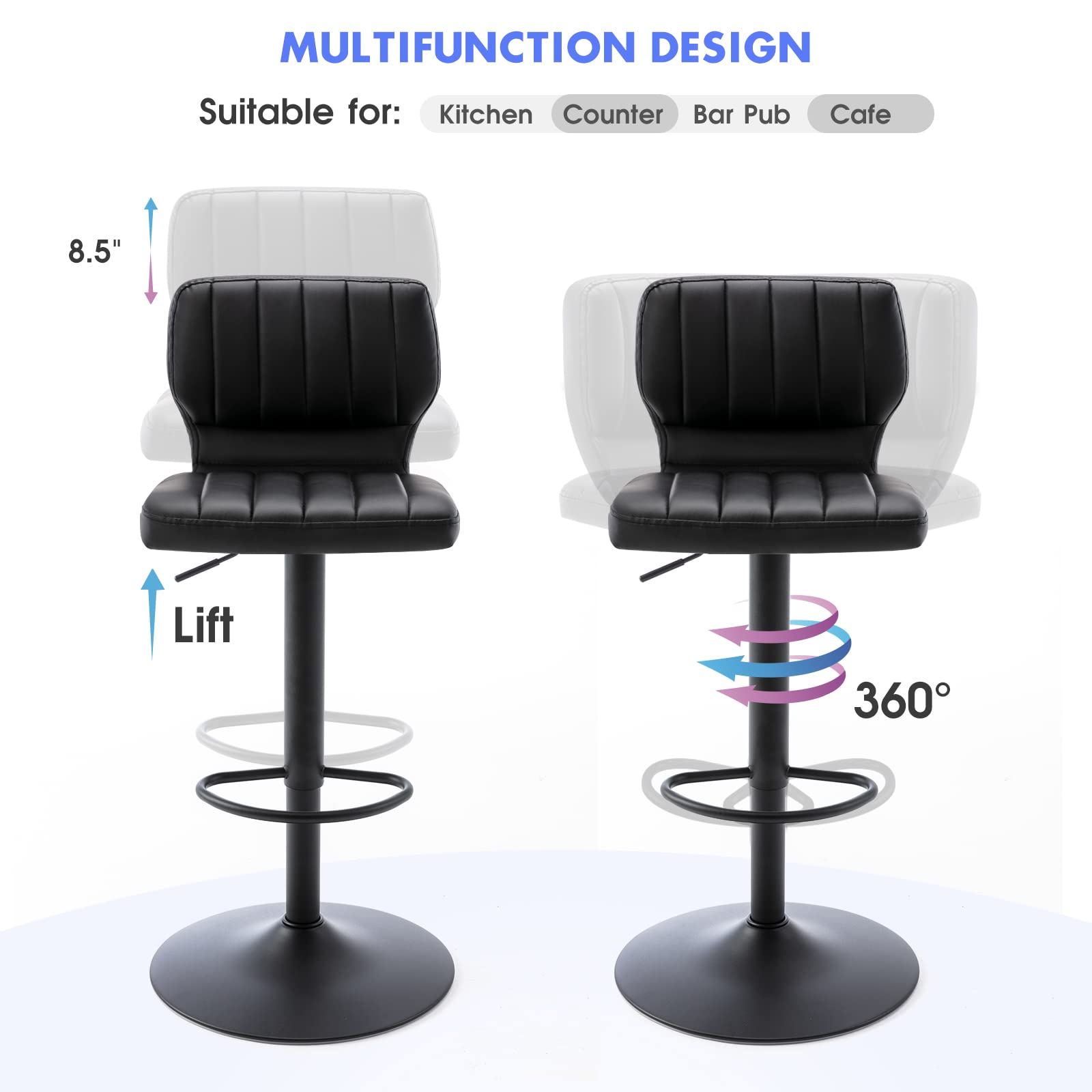 Brage Living Adjustable Bar Stools Set of 2, Modern PU Leather Swivel Barstools with Back, Armless Airlift Counter Height Bar Chairs for Kitchen Dining Pub Cafe (White)