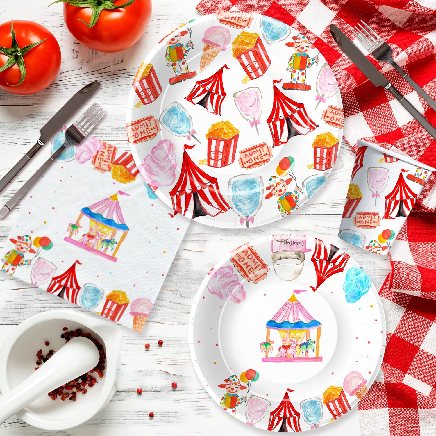 HIPVVILD Circus Theme Party Decorations Tableware, Carnival Party Supplies, Plate, Cup, Napkin, Tablecloth, Cutlery, Straw, Circus Carnival Theme Party Decorations For Birthday Baby Shower | Serve 24